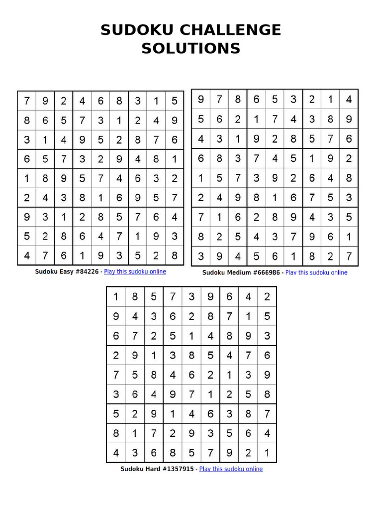 Sudoku Challenge Solutions | PDF