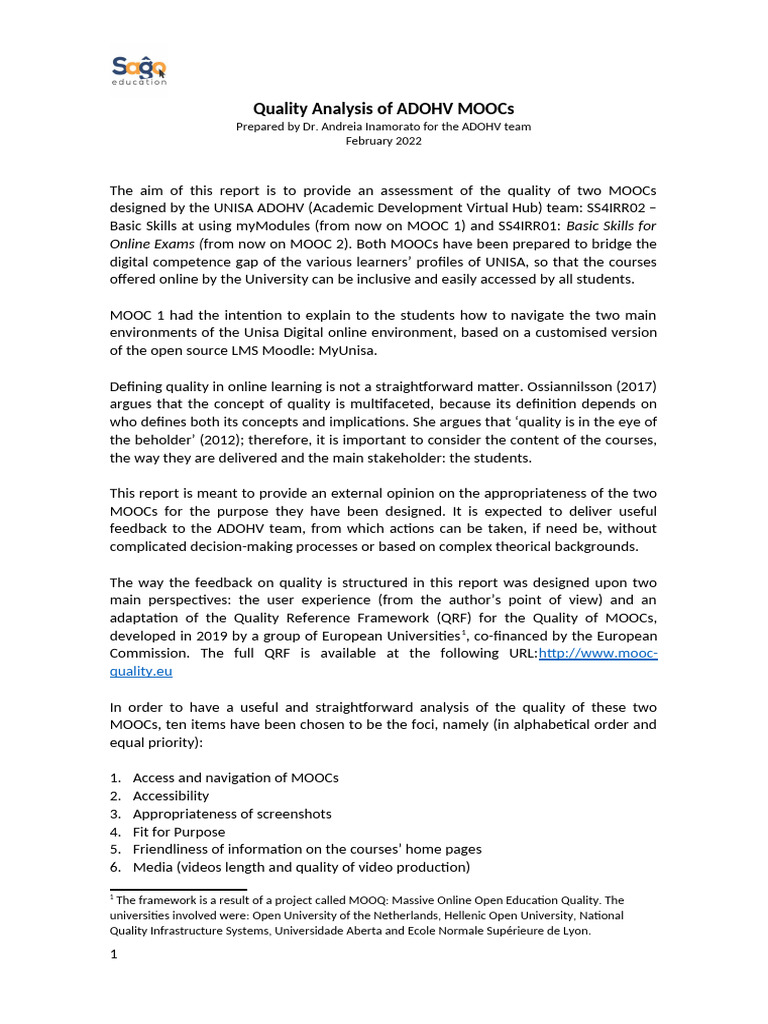 Quality Analysis of MOOCs - Final | PDF | Massive Open Online Course | You Tube