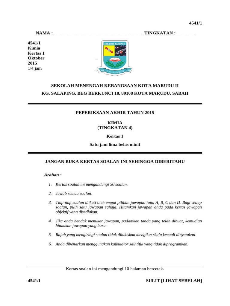 Contoh Muka Depan Kertas 1 Peperiksaan | PDF