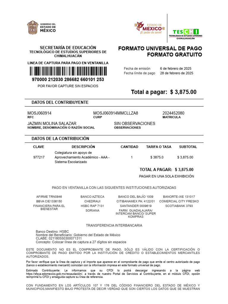 Formato de Pago para Colegiatura 2025 | PDF | Economias | Servicios financieros