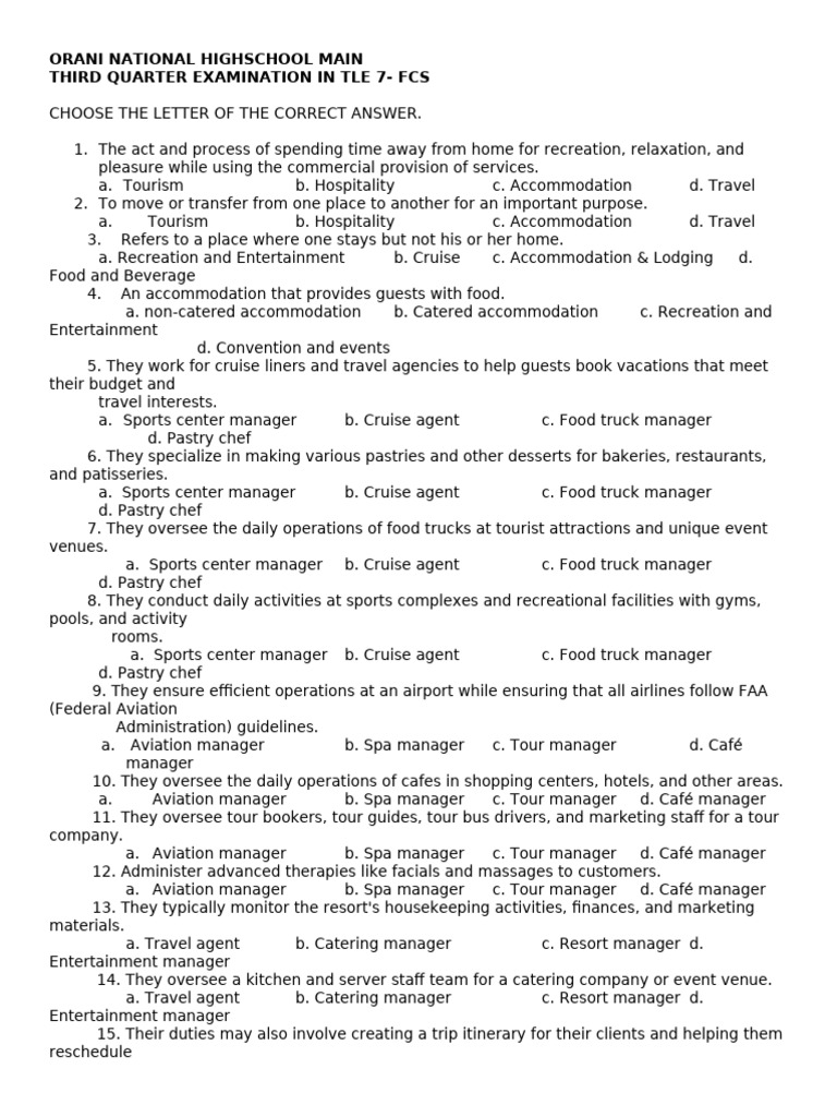 TLE MATATAG- FCS- 3RD QUARTER EXAMINATION (1) | PDF | Knife | Cruise Ship
