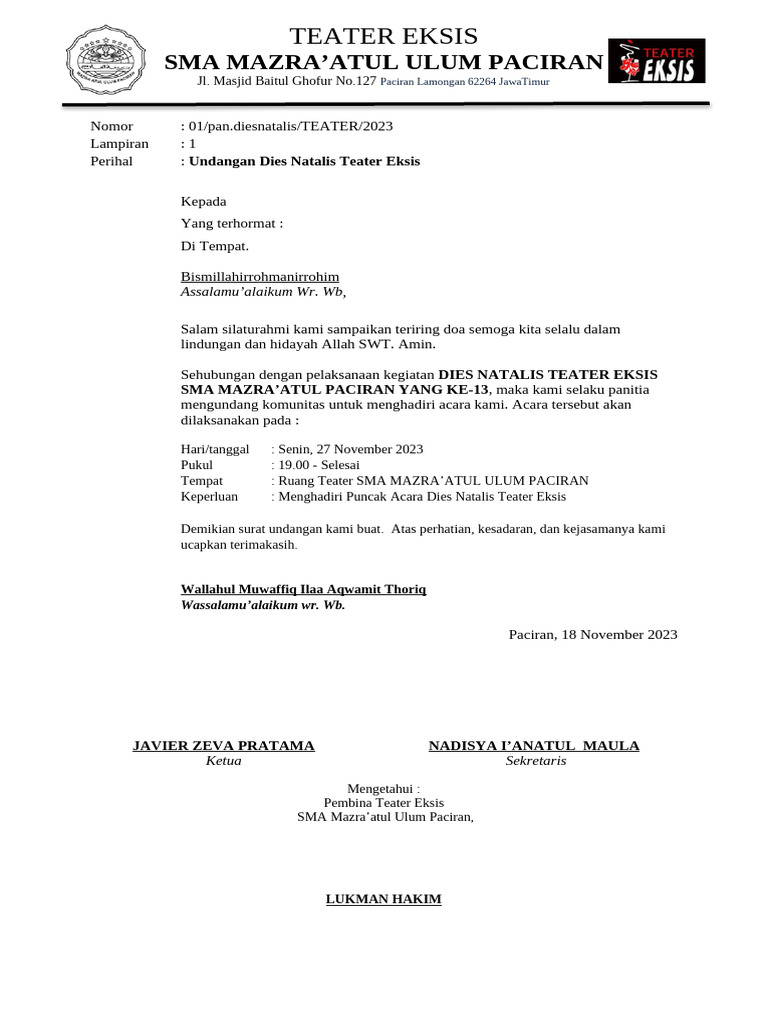 Undangan Dies Natalis Teater Eksis Sma 2023 | PDF