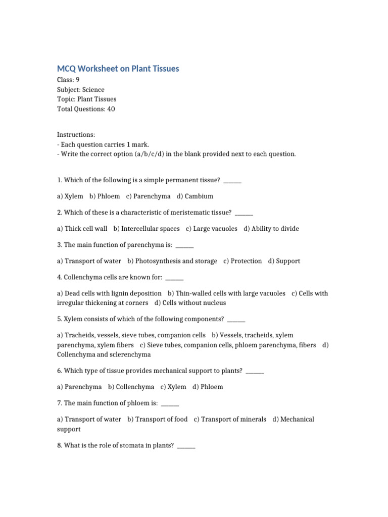 Plant Tissues Student Worksheet Class9 | PDF | Tissue (Biology) | Plant ...