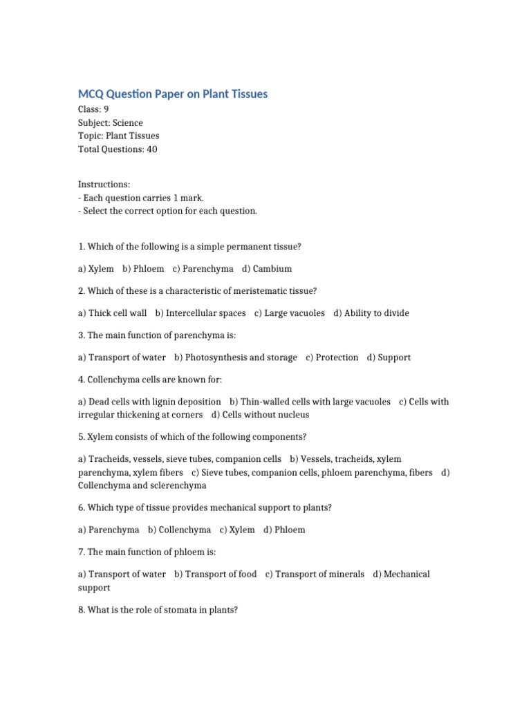 Plant Tissues MCQs Class9 | PDF