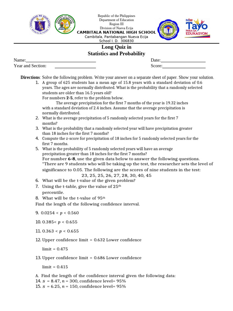Long Quiz Stat and Prob | PDF | P Value | Normal Distribution