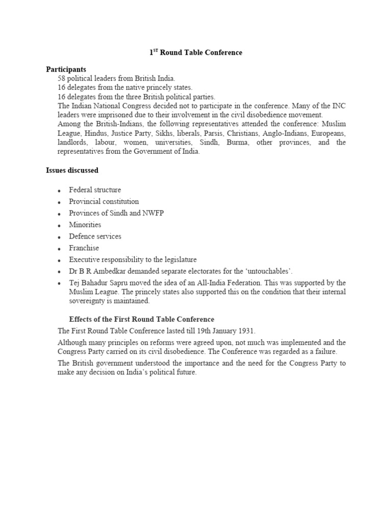 Effects of The First Round Table Conference | PDF | Politics Of India ...