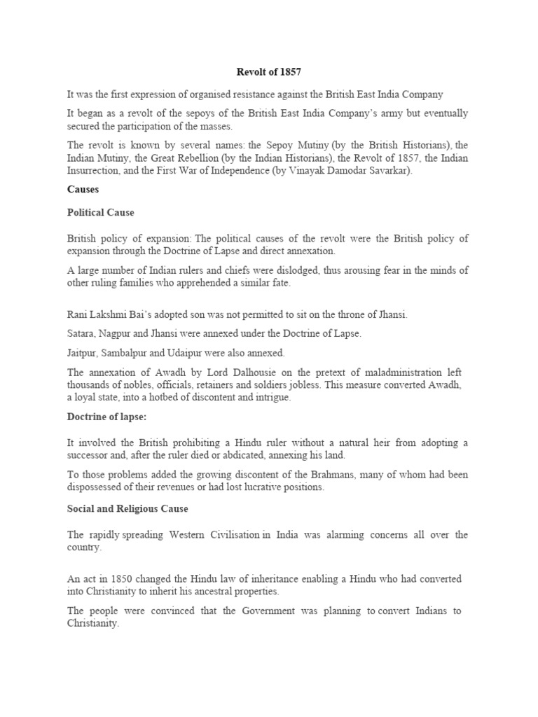 Revolt of 1857: Political Cause | PDF | Indian Rebellion Of 1857 ...