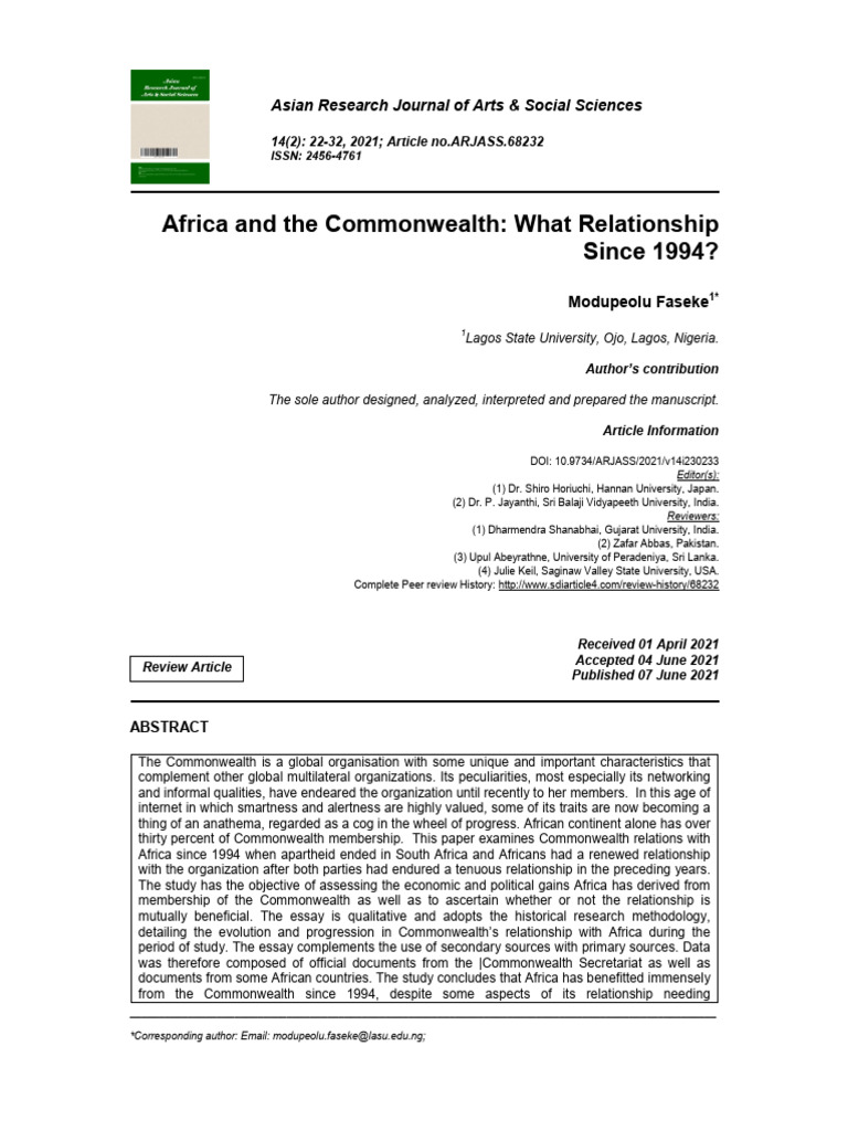 Africa and the Commonwealth What Relationship Since 1994 | PDF | Commonwealth Of Nations | New ...