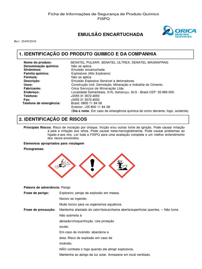 FISPQ: Emulsão Explosiva Senatel | PDF | Vômito | Solubilidade