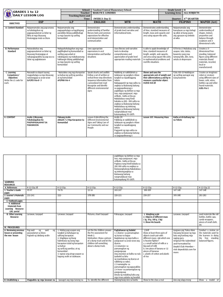 DLL_ALL SUBJECTS 2_Q4_W2_D2 | PDF