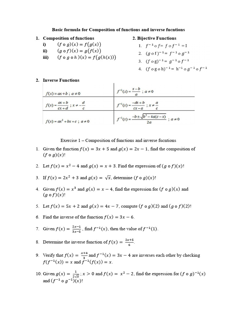 Exercise and Formula For Composition of Functions and Inverse Fucntions | PDF