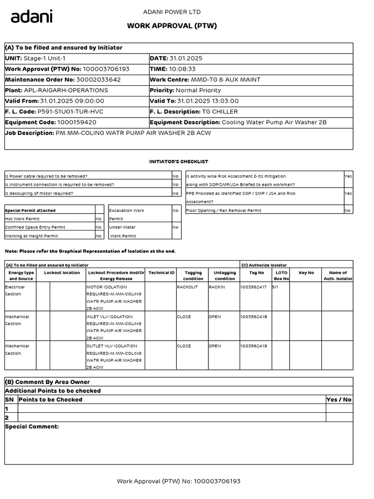 Work Approval (PTW) : Initiator'S Checklist | PDF | Pump | Energy ...