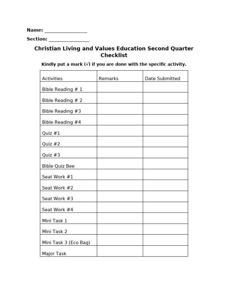 Christian Living Activities Checklist | PDF