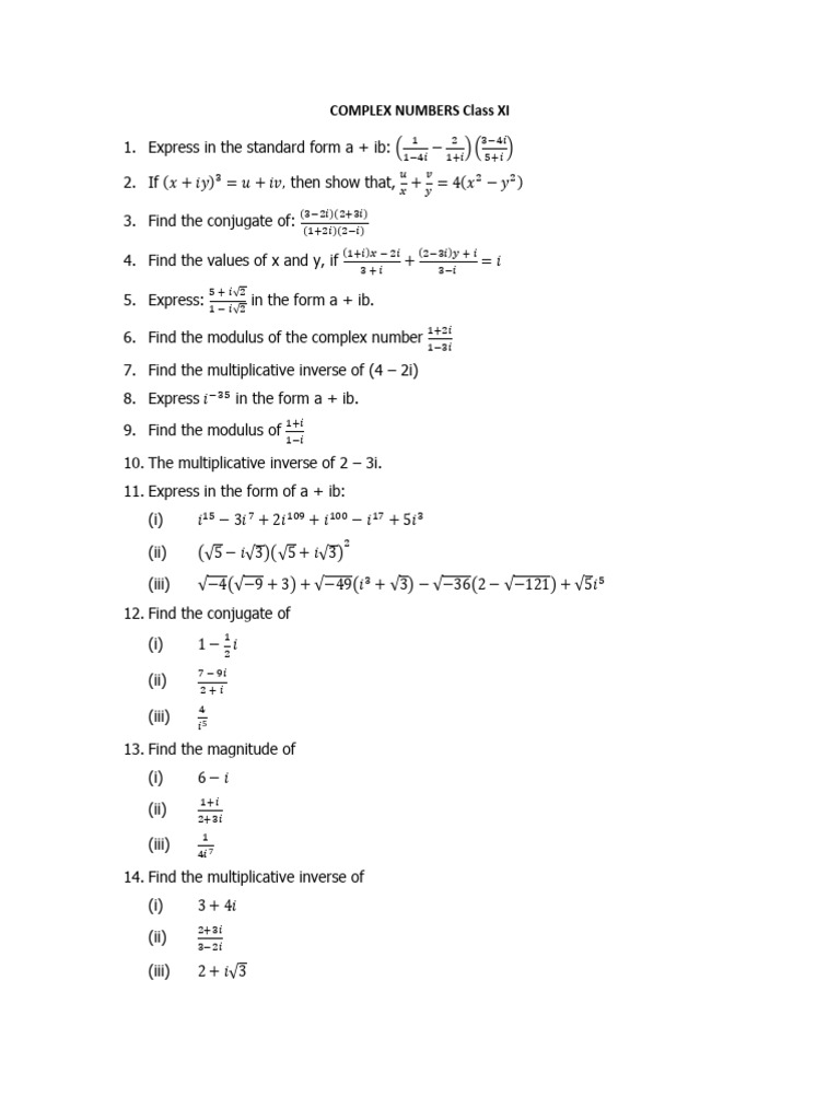 Complex Numbers Class XI Exercises | PDF | Complex Number | Abstract ...