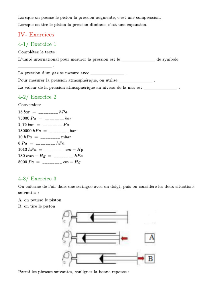 Pression atmosphérique et exercices pratiques | PDF | Pascal (Unité ...