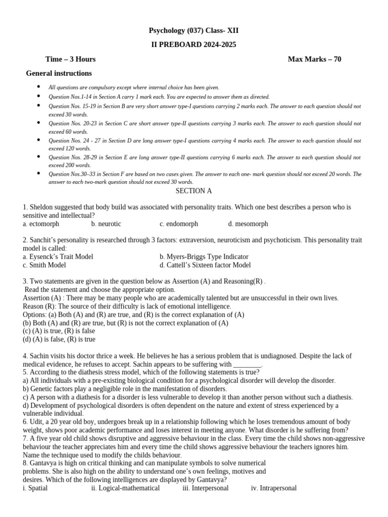 Class XII Psychology Preboard 2024-2025 | PDF | Mental Disorder | Reason