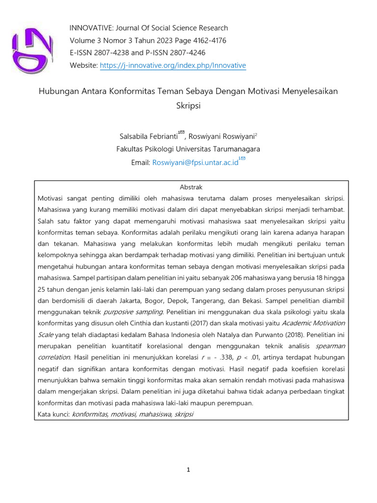 Hubungan Antara Konformitas Teman Sebaya Dengan Motivasi Menyelesaikan Skripsi | PDF