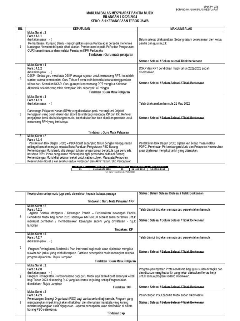 Borang PK 07 5 BORANG MAKLUM BALAS MESY BIL 8 2019 FORMAT BARU 3 | PDF