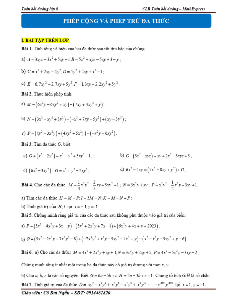 (8B2) Phép C NG Và Phép TR Đa TH C | PDF