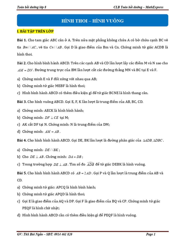 (8B2) BTVN 20.10 Hình Thoi, Hình Vuông | PDF