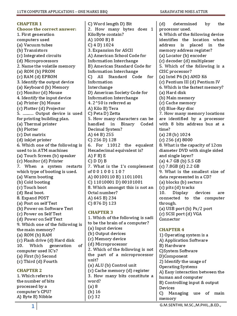 11th Computer Applications EM 1 Marks Book Back Questions English Medium PDF Download | PDF ...