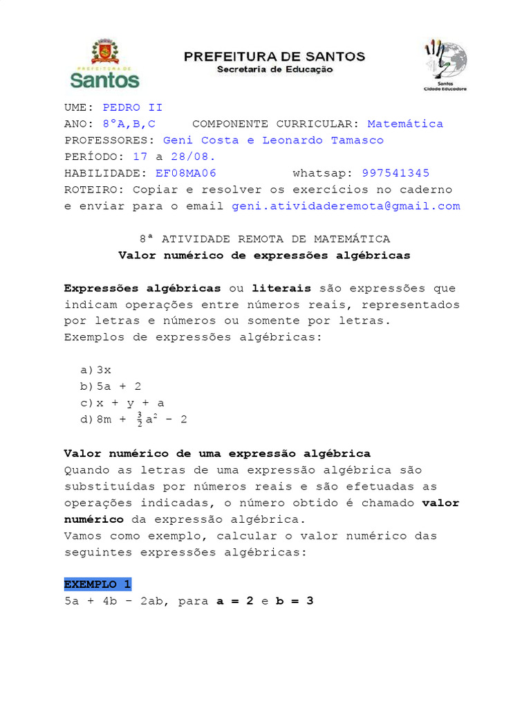 Matematica 8a Atividade 8o Ano | PDF