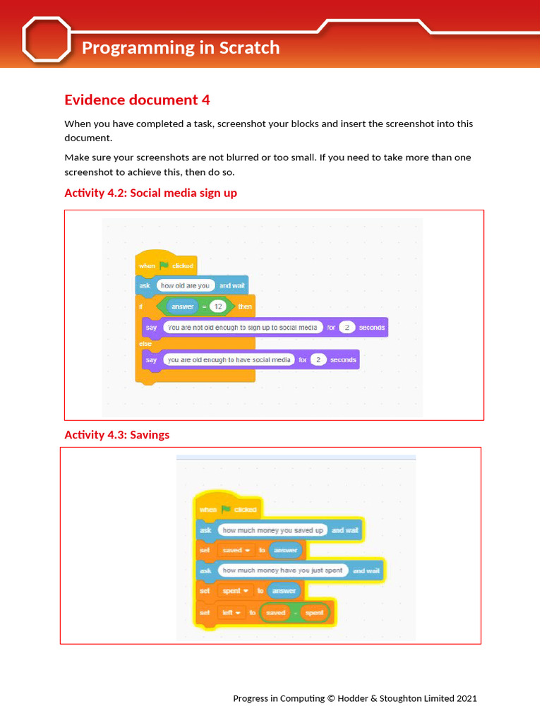 Programming in Scratch Evidence Document 4 | PDF