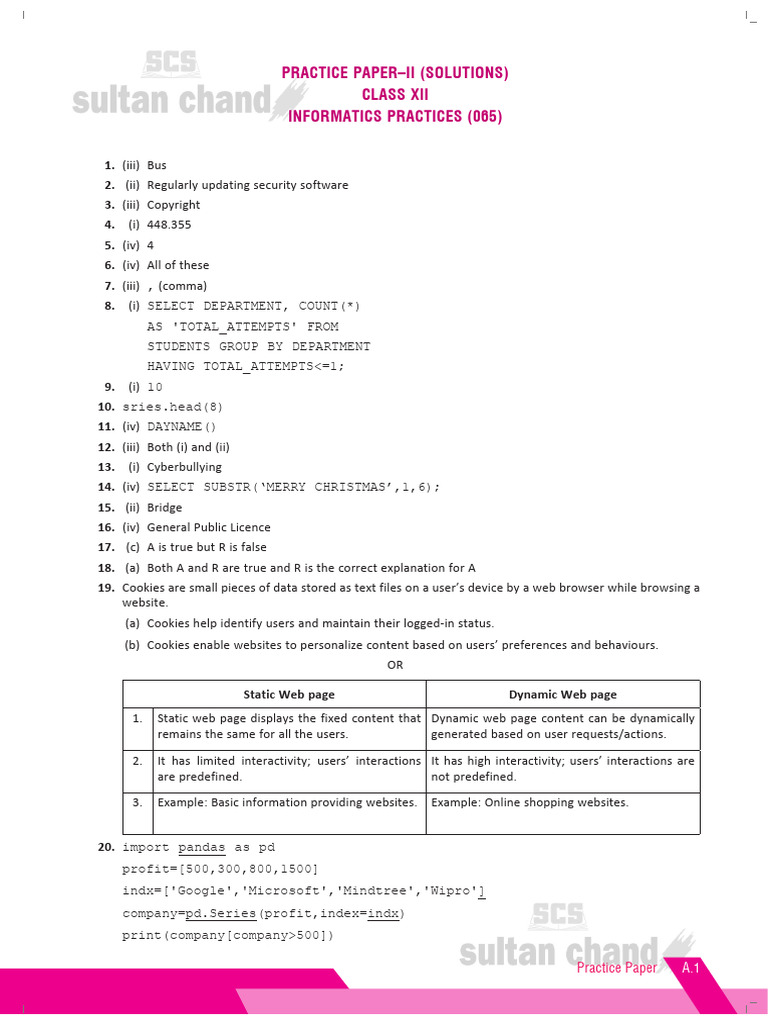 Informatics Practice With Python-XII - Practaice Paper (Solutions) Final | PDF
