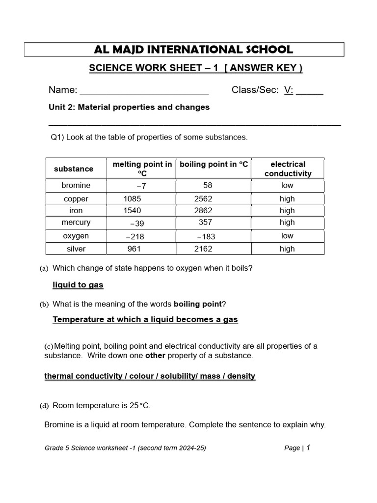 Grade 5 Science Wksheet-1 Answers Unit - 2 Material Properties and Changes | PDF | Water | Boiling
