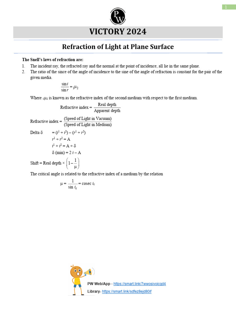 Refraction of Light at Plane Surface Formula Sheet Victory 2024 | PDF