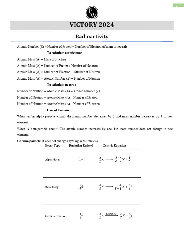 Radioactivity Formula Sheet Victory 2024 ICSE 65a4df2c8d36480018941764 | PDF