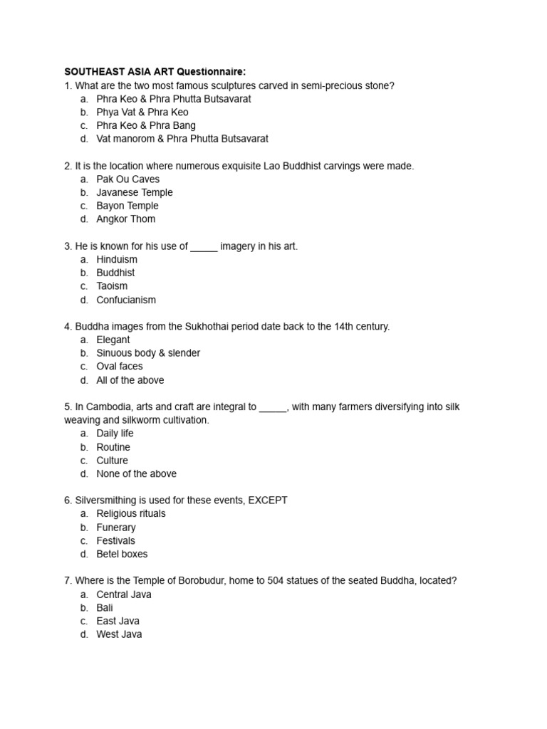 Southeast Asia and Philippine Art Quiz | PDF | Philippines