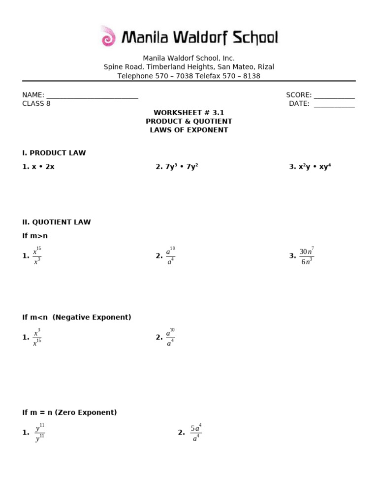 Class 8 Exponent Laws Worksheet | PDF