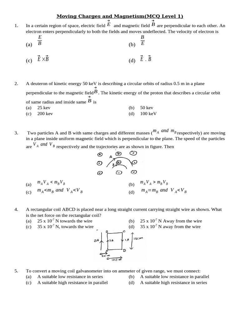 Moving Charges and Magnetism -MCQ | PDF | Magnetic Field | Electronvolt