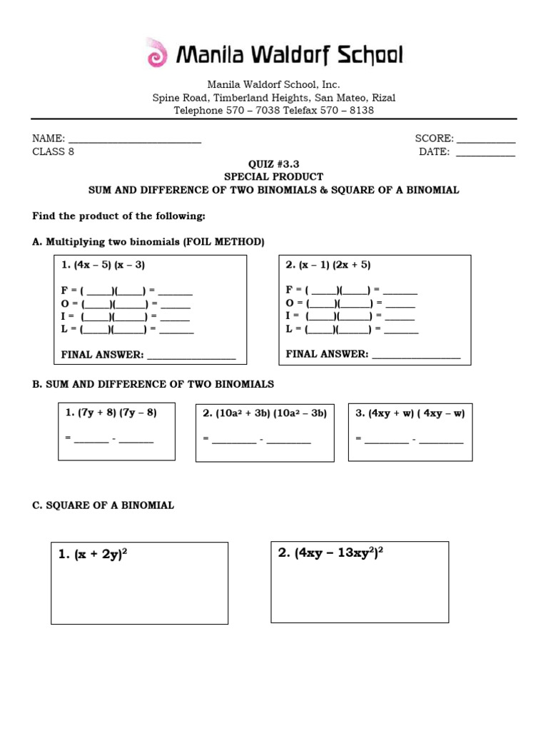 Special Products of Binomials Quiz | PDF
