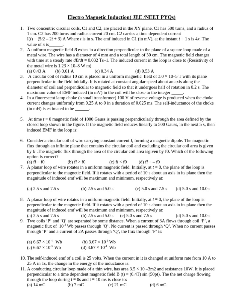 Electro Magnetic Induction - JEE and NEET PYQs | PDF | Inductor | Magnetic Field