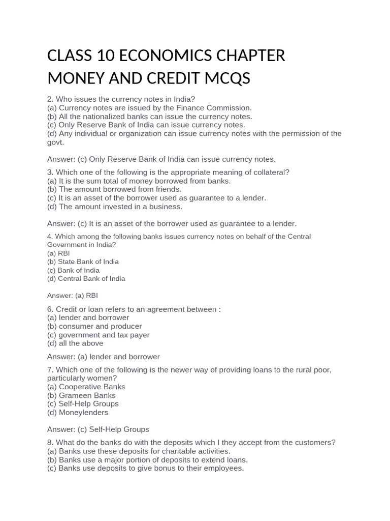 Class 10 Economics: Money & Credit MCQs | PDF | Loans | Money