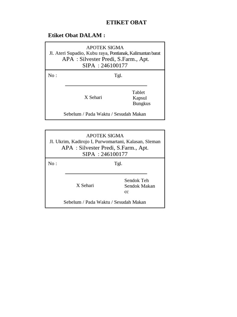 Template Etiket Obat dan Resep | PDF