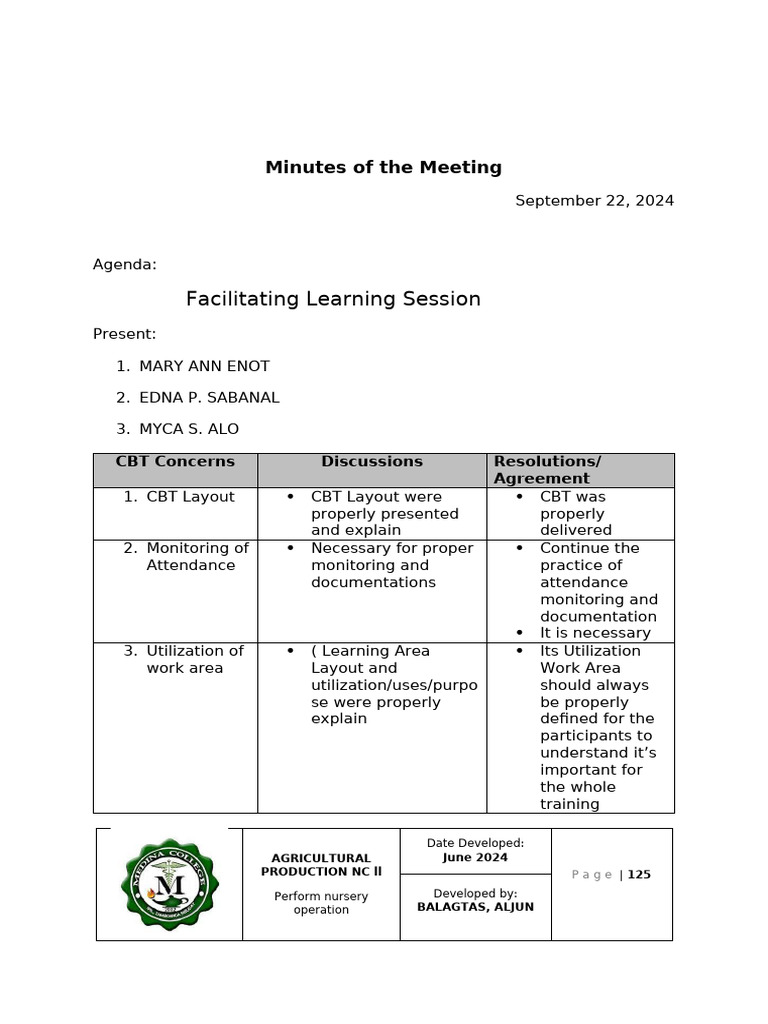 Aljun 10 4 Minutes of The Meeting and Training Evaluation Report | PDF ...