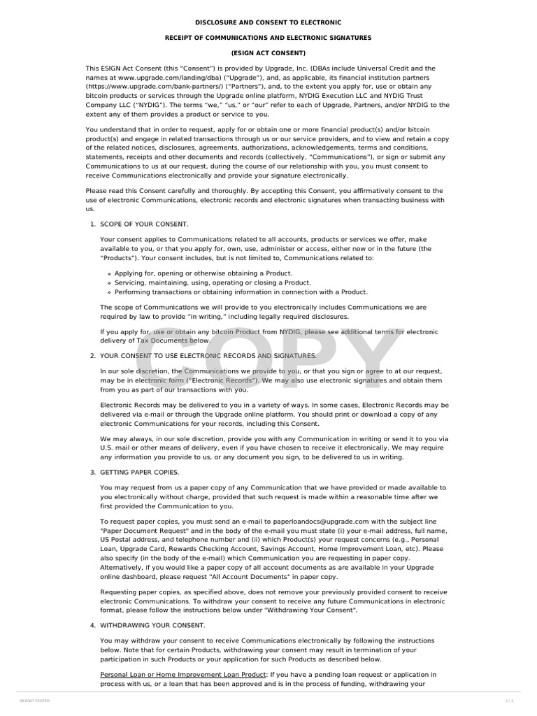 ESIGN Act Consent Agreement | PDF | Credit Card | Consent