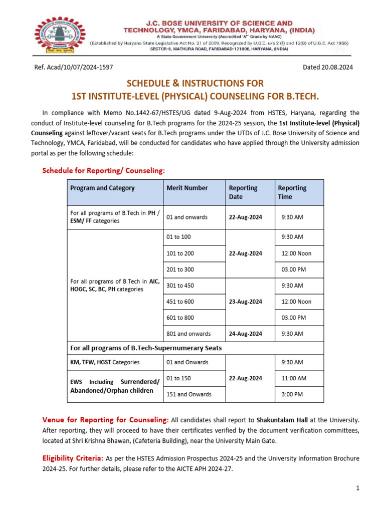 Schedule & Instructions For 1St Institute-Level (Physical) Counseling For B.Tech | PDF