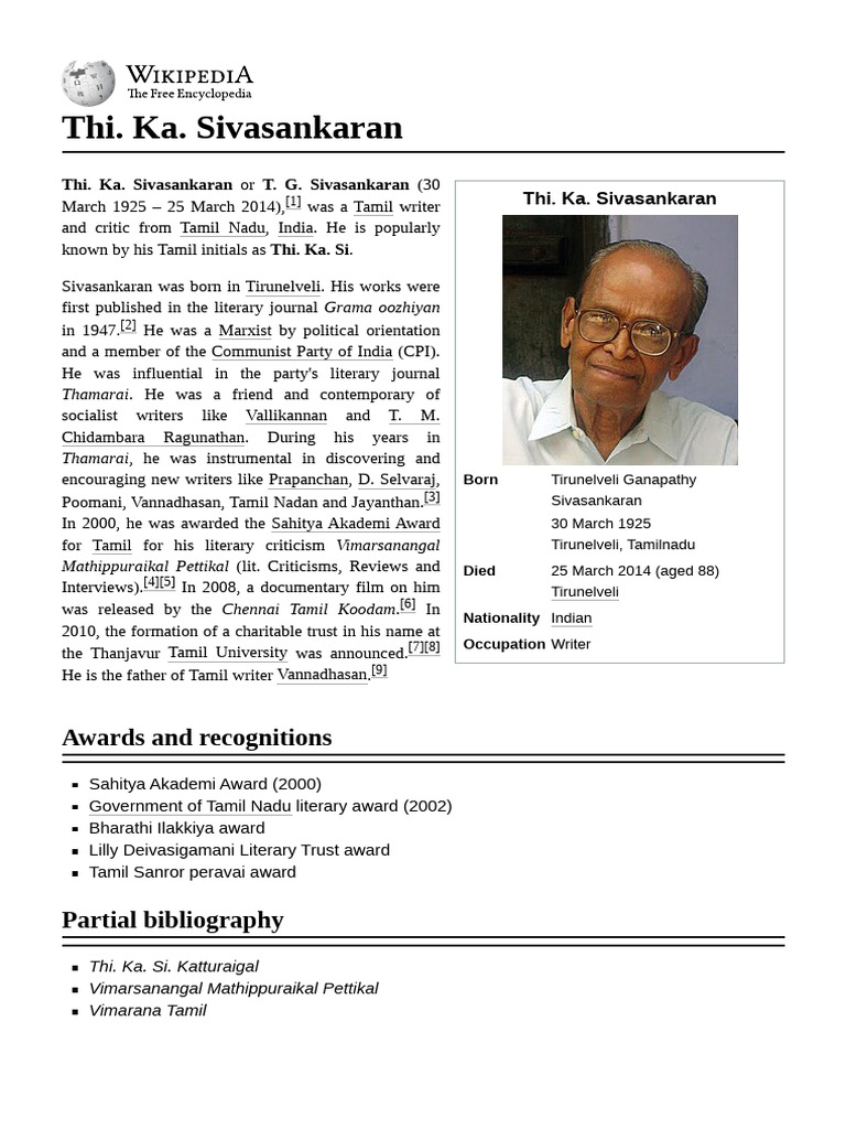 Tamil Writer Thi. Ka. Sivasankaran Biography | PDF | Tamil Nadu | Tamils