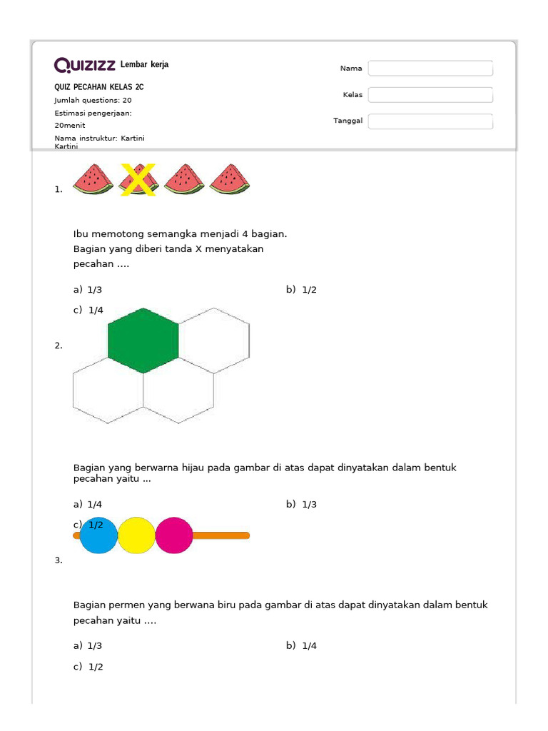 Quizizz - QUIZ PECAHAN KELAS 2C | PDF