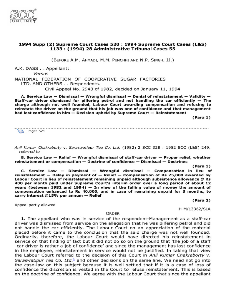 A.K. Dass v. National Federation of Coop. Sugar Factories LTD., 1994 ...