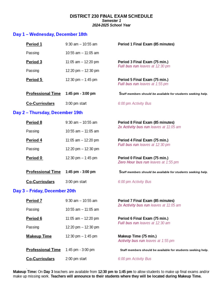 District 230 Semester 1 Exam Schedule | PDF