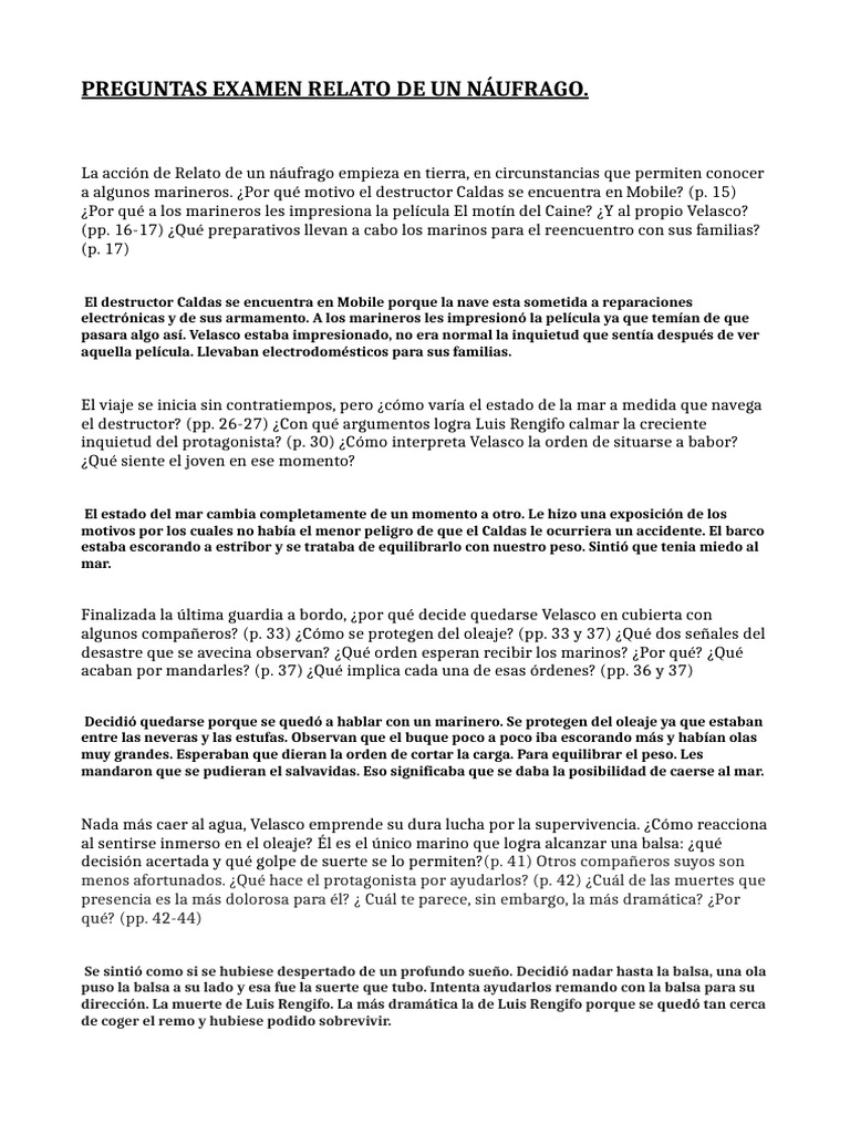 Cuestionario de "Relato de un náufrago" | PDF