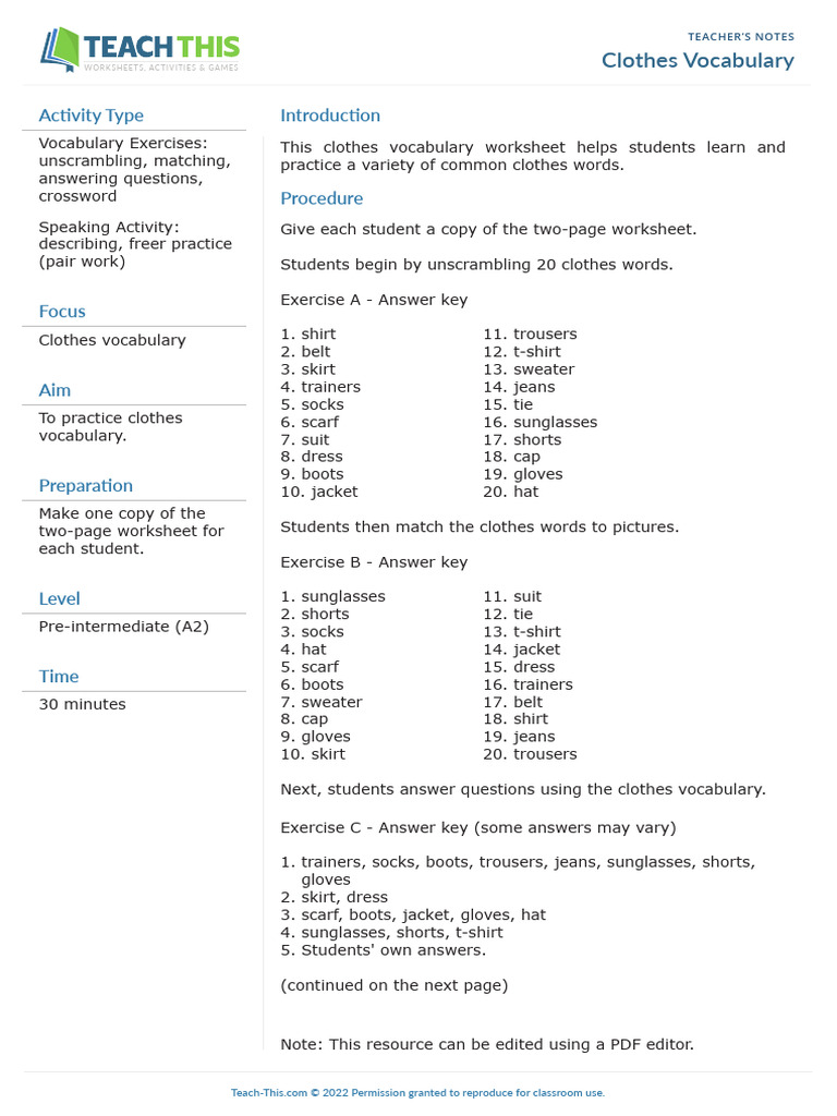Clothes Vocabulary Worksheet | PDF | Clothing | Skirt