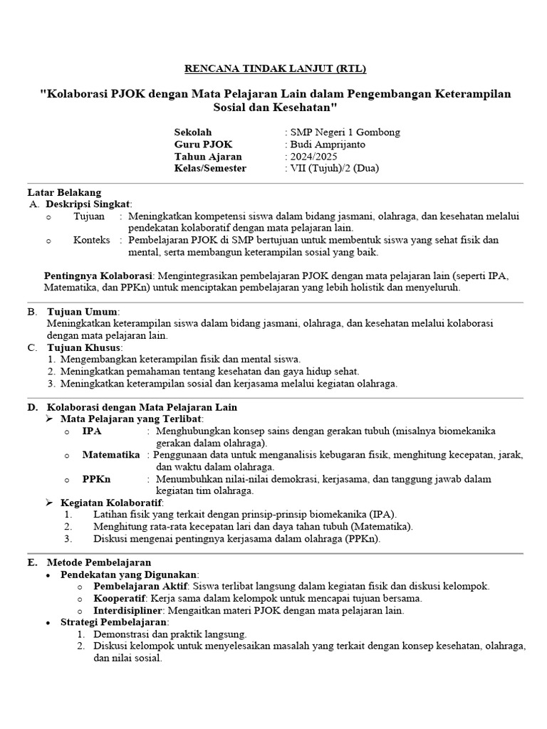 Rencana Tindak Lanjut Pjok | PDF