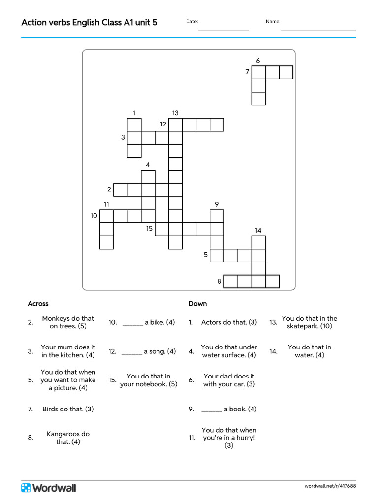 Action Verbs English Class A1 Unit 5 Crossword | PDF