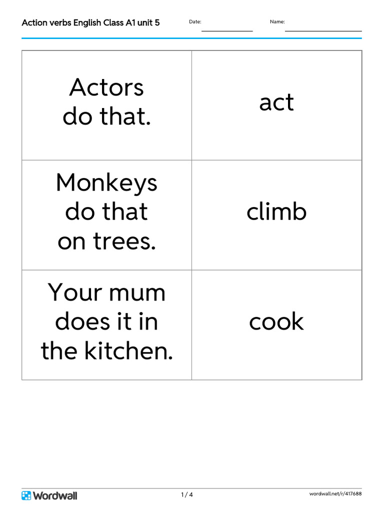 Action Verbs English Class A1 Unit 5 Flash Cards | PDF